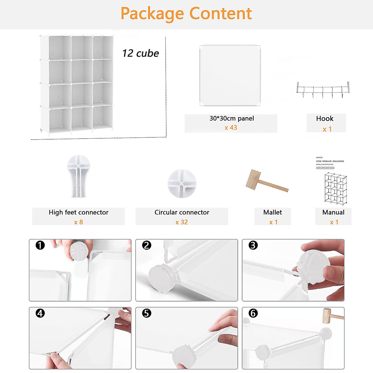 AWTATOS Cube Storage Organizer Modular Storage 12 Cube Bookshelf DIY Plastic Closet Clothes Storage Shelves with Wooden Mallet, Stackable Storage Solution for Home, Office, Bedroom, White