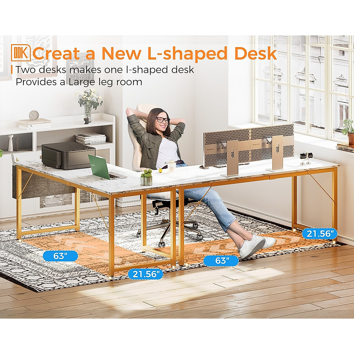 ODK Computer Desk Large Office Desk, 63 Inch Gaming Desk with Storage, Modern PC Desk Work Table with Headphone Hook for Home Office, Spliced Board, White + White Leg