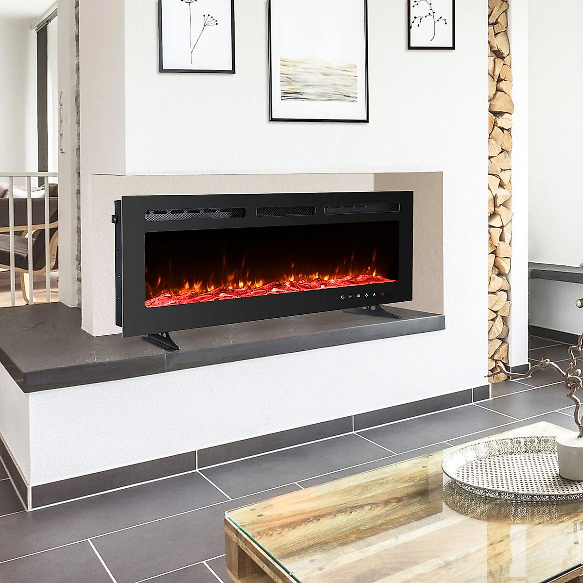 EROMMY 60 in Electric Fireplace Insert,Recessed and Wall Mounted Fireplace with Timer, Free Standing, Remote Control, Touch Screen, Overheating Protection, Log&Crystal, 9 Adjustable Flame, 750/1500W