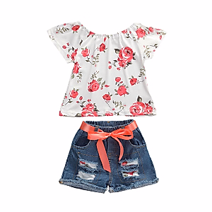 Bmnmsl Baby Toddler Girls Floral Short Sleeve Tops T-Shirt Vest & Denim Shorts Set Kids 1T 2T 3T 4T 5T 6T Clothes Summer Outfits (1, 3T)
