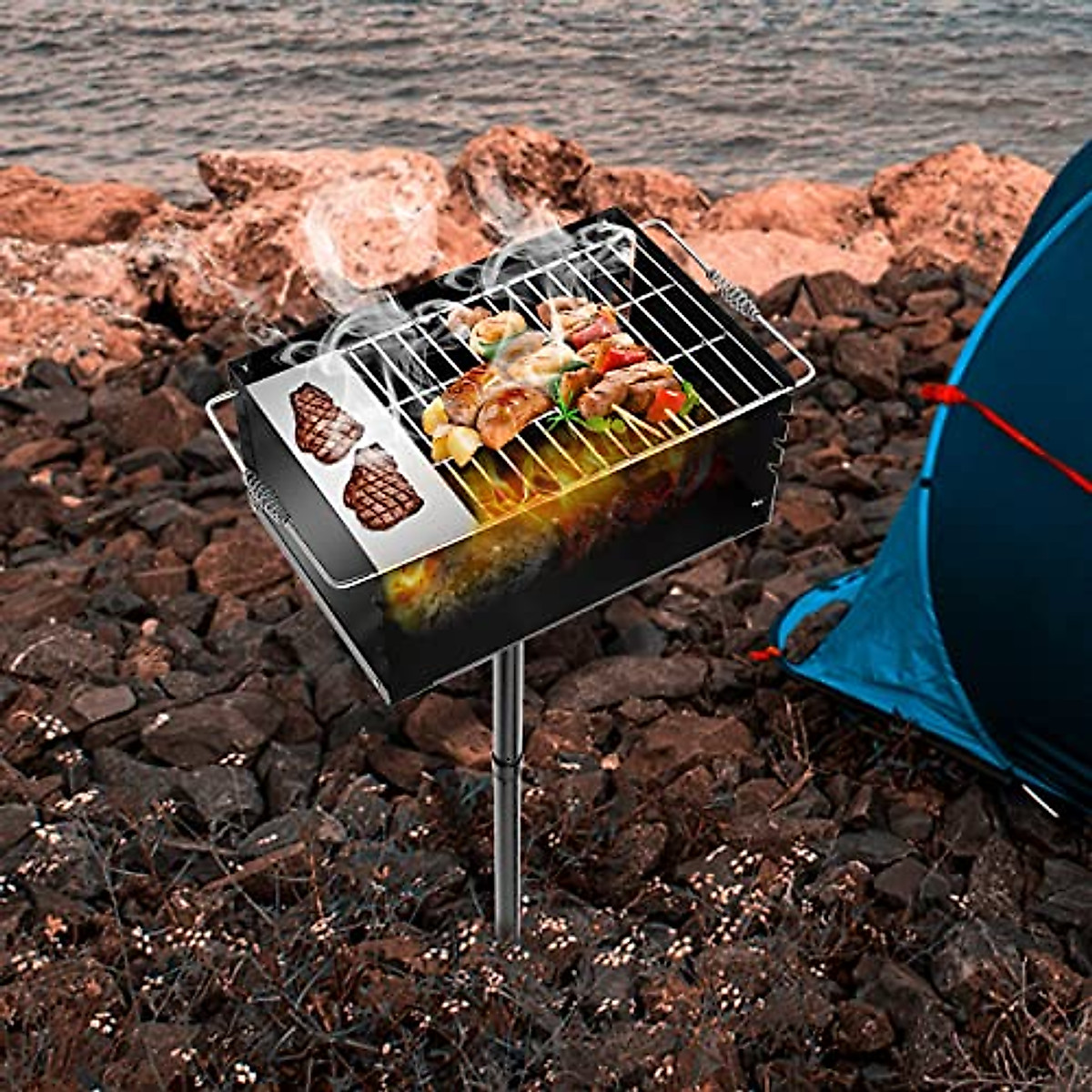 Outdoor Park Style Grill Rotatable 4 Level Height Adjustable BBQ Grill Steel 25 inch x 17 inch Cooking Area Camp Grill for Parks Gardens or Balconies