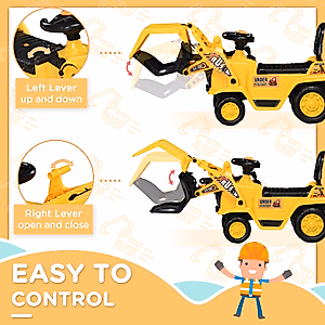 Aosom Kids Ride on Excavator Pulling Cart with Sound Effects, No Power Digger Scooter Ride-on Toy Construction Vehicle for Toddler or Preschool Age with Under-Seat Storage, Treaded Wheels