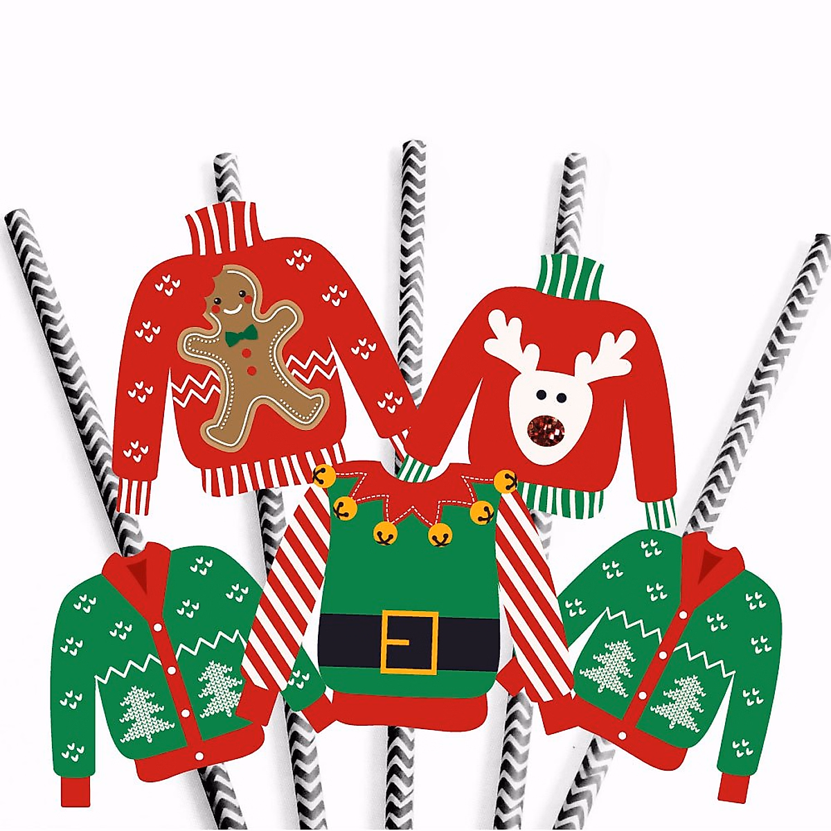 Big Dot of Happiness Ugly Sweater Paper Straw Decor - Holiday and Christmas Party Striped Decorative Straws - Set of 24