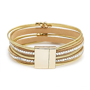 Wovanoo Leather Wrap Bracelets for Women Multi-layer Handmade Wristband Braided Rope Cuff Bangle Gift for Birthday, Monther's Day, Valentine's Day Crystal Gold