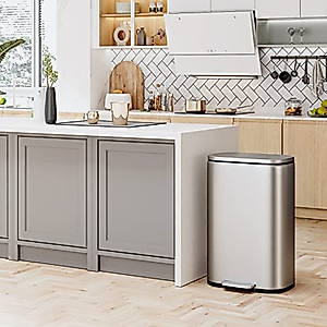 finetones Trash Can, Stainless Steel Garbage Can with Silent Lid, Durable Pedal & Inner Bucket, Pedal Garbage Bin for Kitchen Inside Outside (50L, Silver)