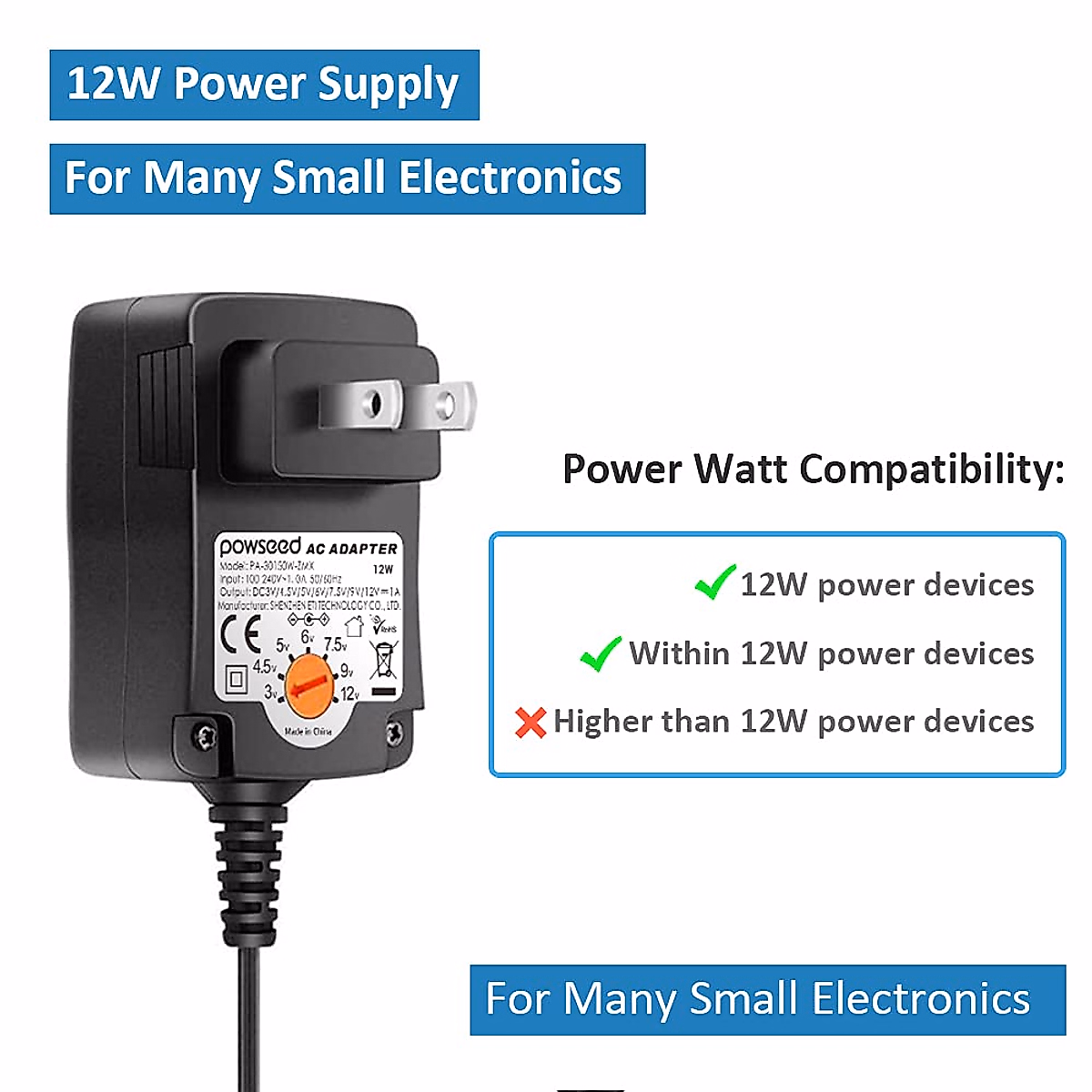 Powseed 3V 4.5V 5V 6V 7.5V 9V 12V Universal AC Adapter 12W AC/DC Power Adapter for Household Elecronics Pedals Routers Speakers CCTV Cameras Smart Phone USB Hub GPS Tablet Recorder etc.