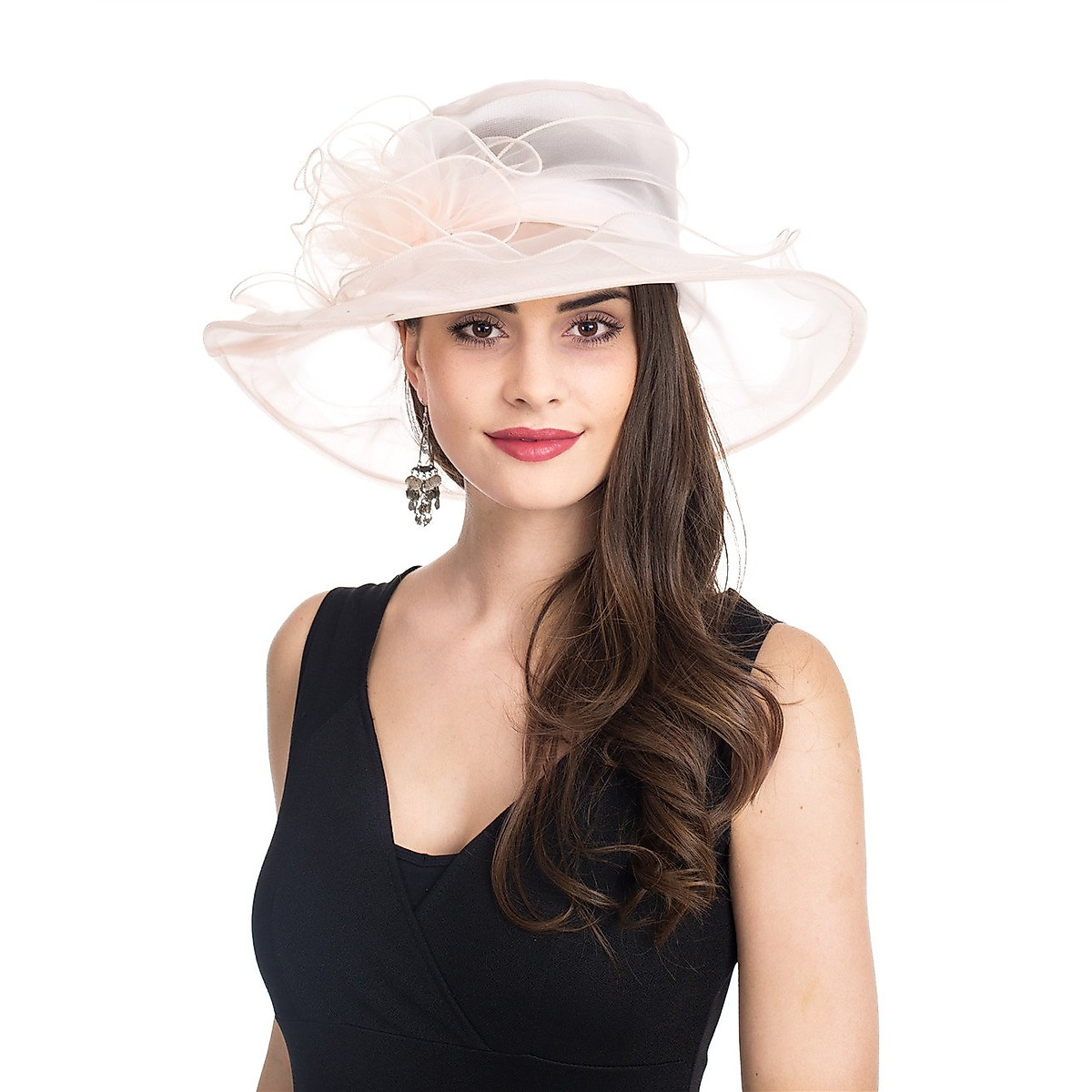 Lucky Leaf Women Church Cap Wide Brim Summer Sun Hat for Party Wedding(Beige)