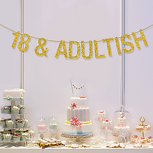 18 & Adultish Banner, Happy 18th Birthday Decor, Cheers to 18 Years Birthday Anniversary Party Supply Gold Glitter
