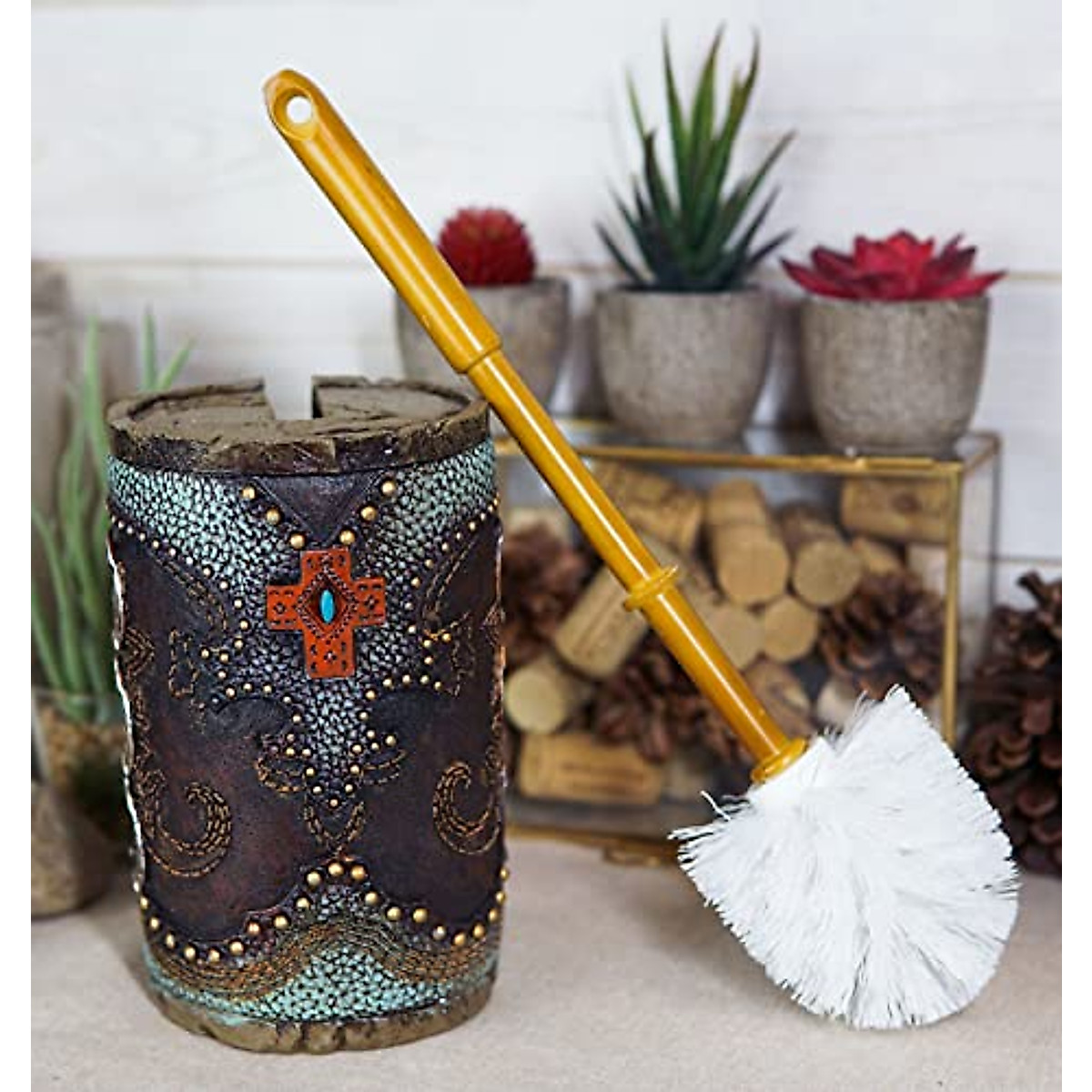 Ebros Gift Rustic Vintage Western Turquoise Faux Tooled Leather Triple Horseshoes and Cross Cowboy Toilet Bowl Cleaner Brush and Base Holder Set Bathroom Vanity Powder Room Office Accessory