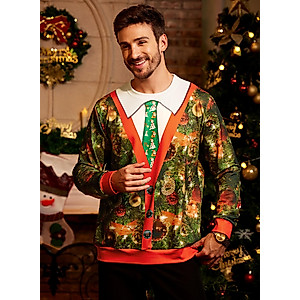 Arvilhill Christmas Men's Ugly Holiday Party Sweatshirt Tie Printed Light Bulb Long Sleeve Sweater Xmas Bells 2XL