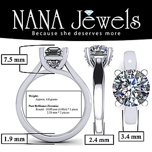 NANA Jewels Silver 10.00mm (4.00ct) Round Cut Zirconia Lucita Solitaire Engagement Ring-Platinum Plated-Size 7