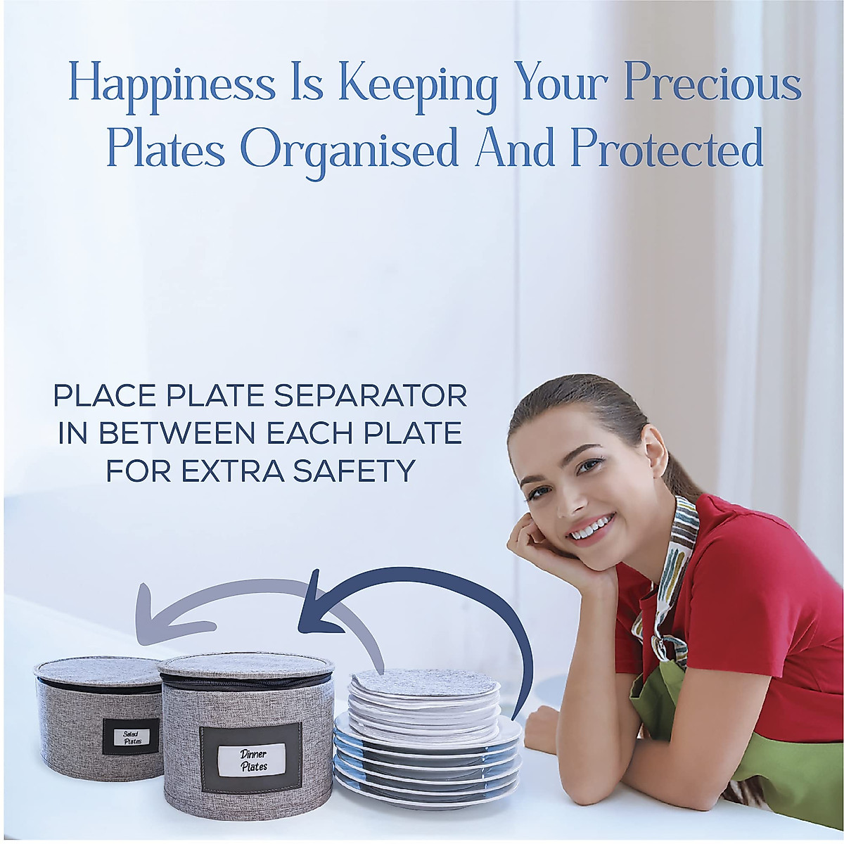 CHINA STORAGE CONTAINERS, Plate Storage include: 4 China Storage Containers Hard Shell Polyester, with 48 Round Felt Pot Protectors for Stacking, China Storage includes Bonus Drawstring Bag.