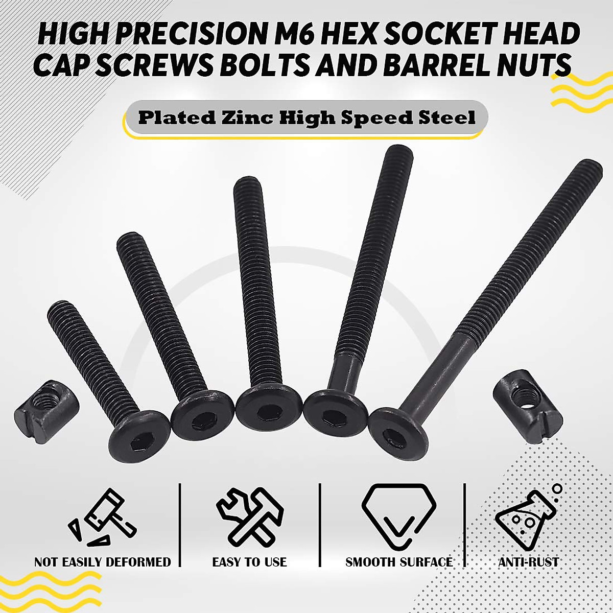 Hilitchi M6 120Pcs Black Hex Socket Head Screws Bolts Barrel Nuts Hardware Assortment Kit for Crib Baby Bed Furniture Cots and Chairs (40mm/50mm/60mm/70mm/80mm-Assortment Kit)