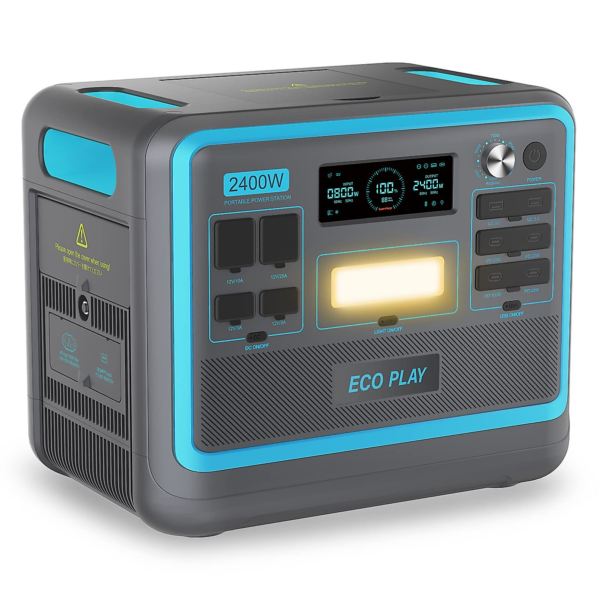 Portable Power Station, 2400W Solar Generator, 2048Wh LiFePO4 Battery, 1.8H Fast Charging, 110V AC Outlets, Adjustable Input Power, Outdoor Generators for Camping, Home Use, Emergency or RV Travel