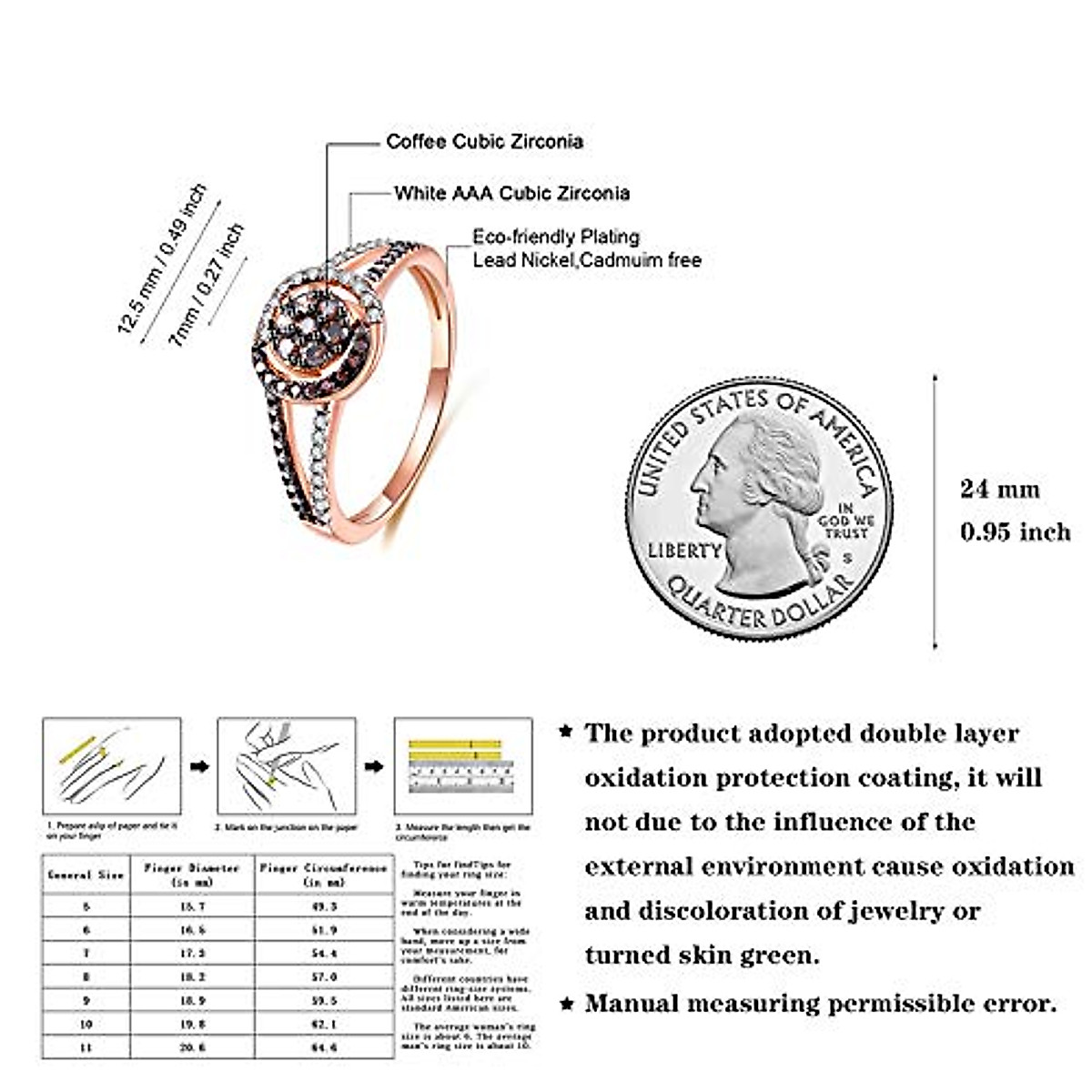 JIANGYUE Rose Gold Ring Round Chocolate Ring Cubic Zirconia Fake Wedding Engagement Rings for Women Jewelry Size 6