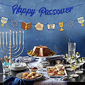 JOYMEMO Happy Passover Banner Glitter Passover Party Decorations - Bunting Garland with 8 Pesach Cutouts for Passover Seder, Jewish Holiday, Hanukkah Home Decor