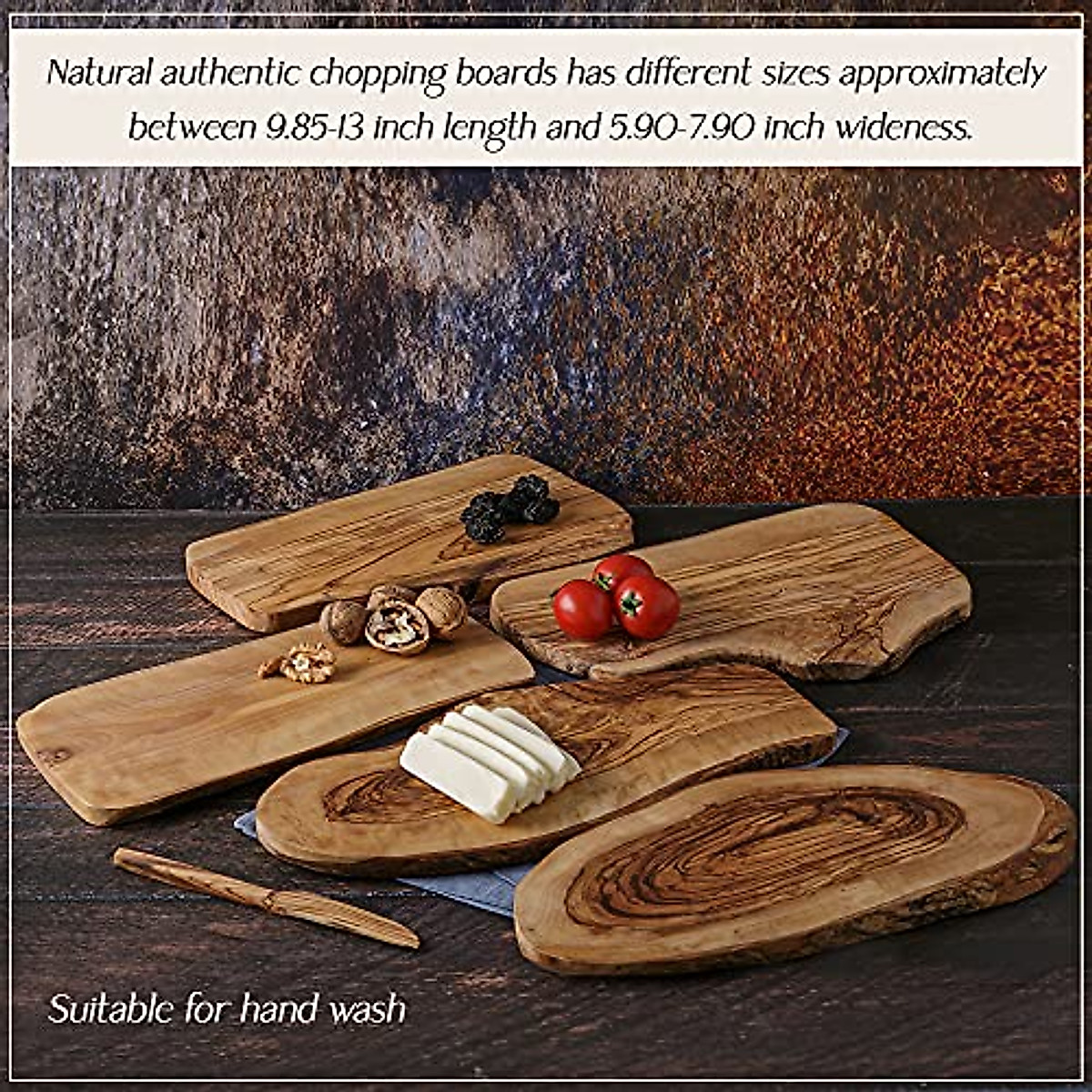 Crystalia Handmade Small Wooden Cutting Board for Kitchen, Natural Olive Wood Cheese Serving Board, Cute Live Edge Cutting Chopping Board with Wooden Spreader for Butter, Jam