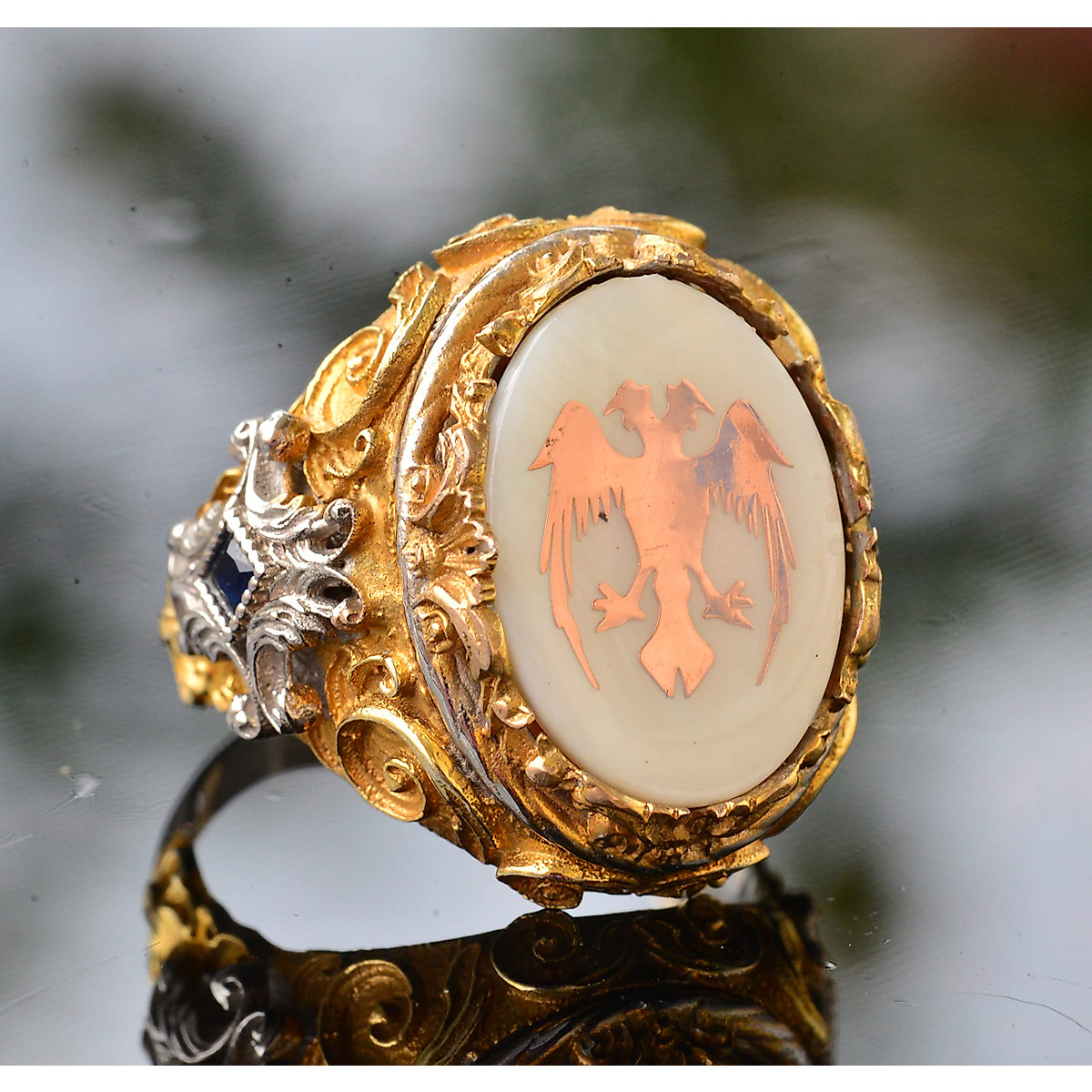 Men's Sterling Silver Ring - Pearl Stone - Signet Ring (Double Headed Eagle)