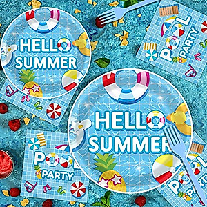 96 Pieces Pool Party Tableware Set for Summer Beach Table Decorations Supplies Beach Ball Birthday Dessert Plates Summer Pool Party Napkins Forks for 24 Guests Hawaiian Pool Birthday Party Favors