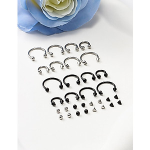 Lcolyoli 16G Variety of Sizes Horseshoe Rings Surgical Steel Nose Septum Rings Hoop Eyebrow Smiley Lip Rings Tragus Earring Daith Helix Piercing Jewelry for Women Men 6mm 8mm 10mm 12mm Black