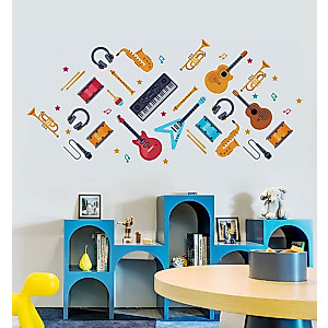 Music Instruments Decor Wall Decals for School Classroom,Guitar Drum Oboe Bass Decor Wall Stickers for Kids Room, Remove Vinyl Wallpaper Mural for Nursery