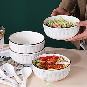 Binvertaocier 6 Inch Ceramic Cereal Bowls Set of 4, 25 Ounce Soup Bowls and Spoons Set for 4,Bowls for Noodle Ramen Dessert Salad Dishwasher & Microwave Safe Gifts for Housewarming