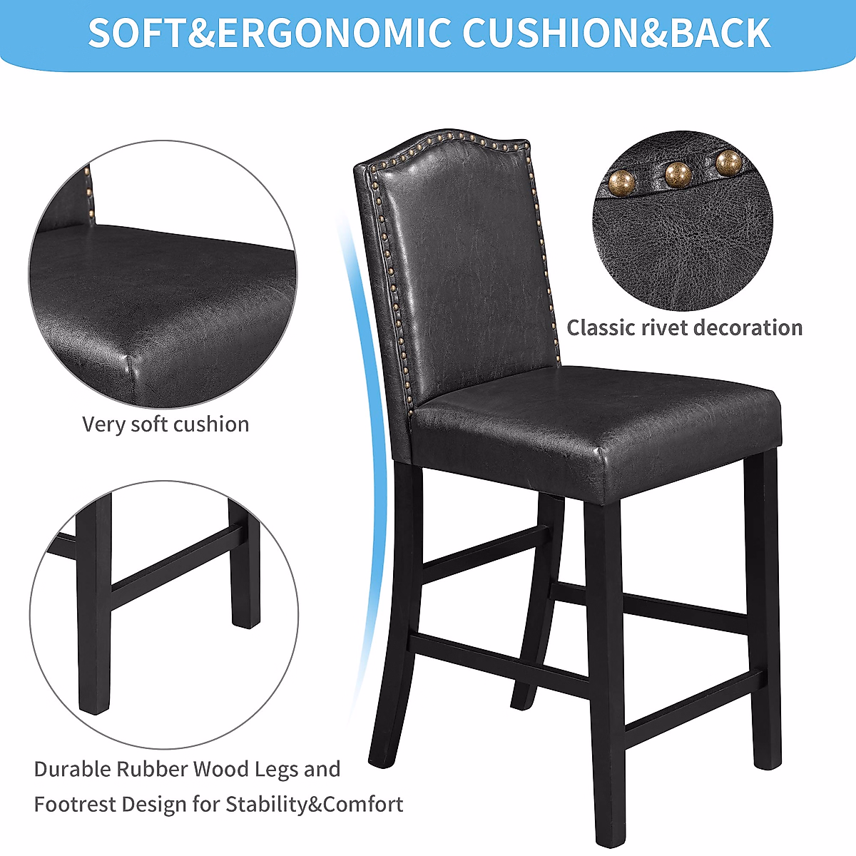 BIADNBZ 5-Piece Dining Table Set with Faux Marble Veneer Square Tabletop w/Bottom Shelf and PU Leather, Modern Wooden Kitchen Furniture, Black Chair+BlackTable