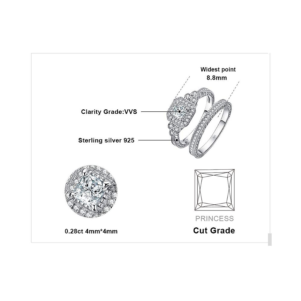 JewelryPalace Wedding Bands Engagement Rings for Women, 14K Gold Plated 925 Sterling Silver Cubic Zirconia Promise Rings, Vintage Thick Anniversary 2ct Princess Cut Halo Simulated Diamond Ring Set 6