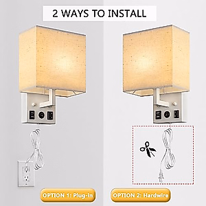 Bedside Wall Lamps Set of 2 Plug in Wall Sconces Wall Lighting with Dual USB Charging Ports and AC Outlet Modern Wall Lamp with Plug in Cord Wall Lights for Bedroom Living Room (2 Bulbs Included)