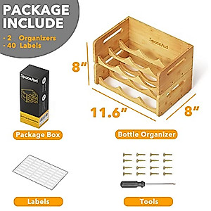 SpaceAid Bamboo Water Bottle Organizer with Labels, Kitchen Pantry Water Bottle Storage Rack for Cabinets, Home Cup and Wine Bottle Holder Shelf Organizers, 2 Pack 3-Slot, Hold 6 Bottles