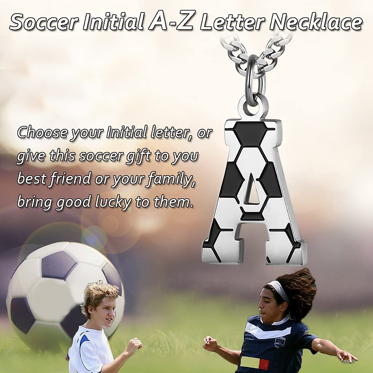 AIAINAGI Soccer Initial A-Z Letter Necklace for Men Soccer Charm Pendant Stainless Steel Silver Chain 22inch Personalized Soccer Gift for Men(A)