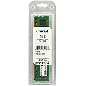 Crucial 4GB Single DDR3 1600 MT/s PC3-12800 CL11 Unbuffered UDIMM 240-Pin Desktop Memory Module CT51264BA160B