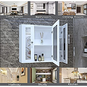 BUBFUL Bathroom Mirror Cabinet Wall Mounted Medicine Pharmacy Cabinets with 3 Doors, Waterproof PVC White Color