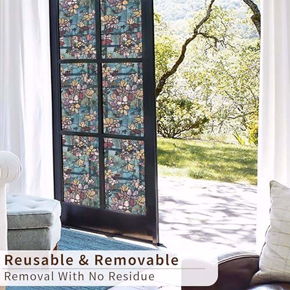funlife Double-Sided Privacy Floral Stained Glass Window Film, Removable Frosted Texture Flower Static Window Cling Glass Covering Window Decor Suitable for Entryway, Blue Magnolia 11.8"X118"