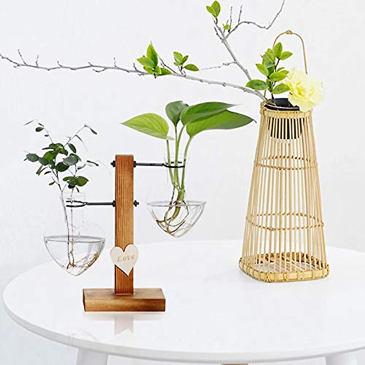 Beatae Hydroponic Glass Planter, Heart Shaped Glass Vase with Retro Solid Wood Stand Glass Flower Pot for Home Garden Office Wedding Decoration