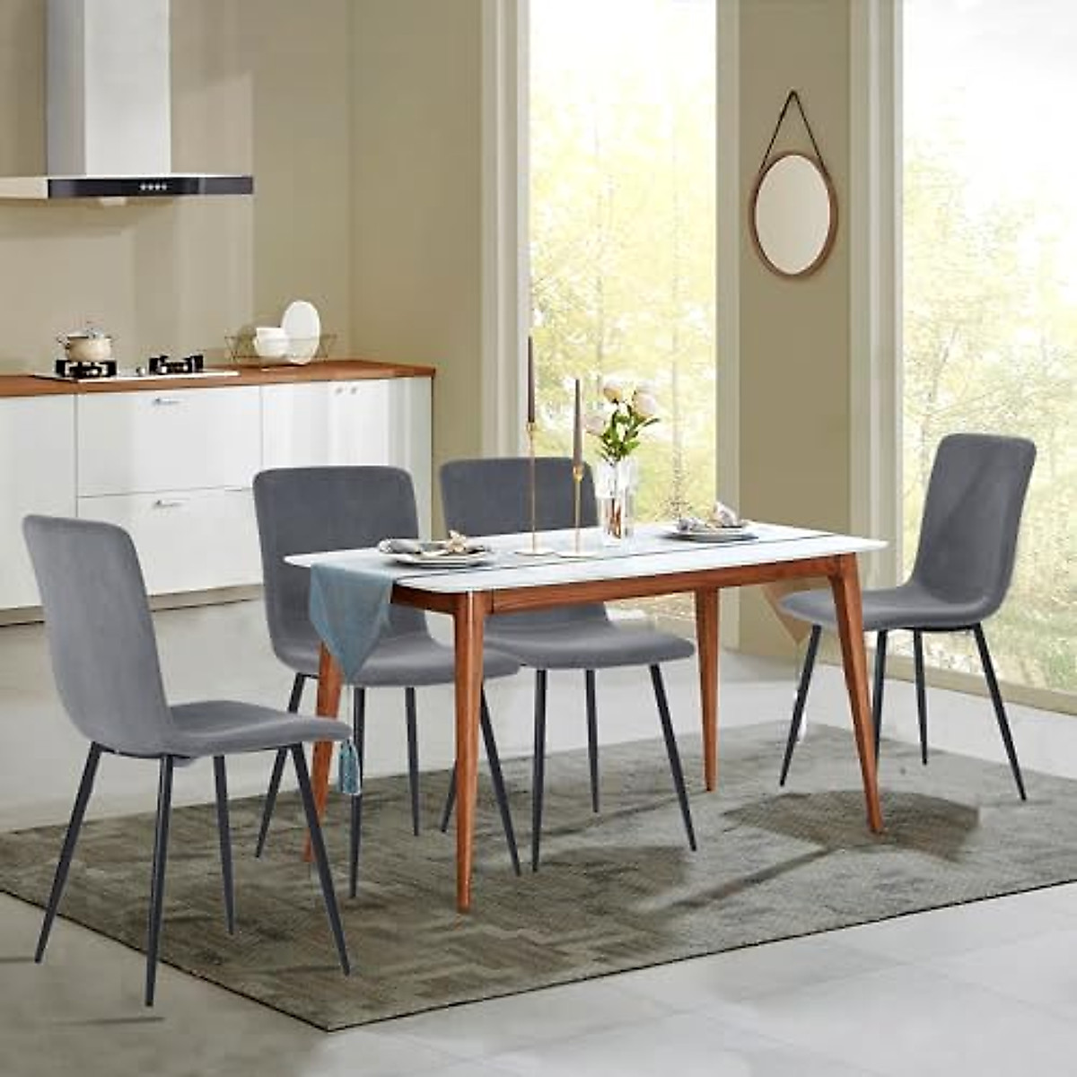 FurnitureR Scandinavian Dining Chairs Set of 4, Comfy Side Chair with Velvet Seat Sturdy Metal Legs for Kitchen Living Bedroom, Charcoal