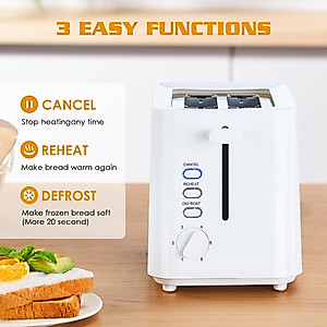 Toaster 2 Slice, NIKLEMON Small Compact Plastic Toaster with 6 Browning Levels and Defrost, Reheat and Cancel 3 Functions, Removable Crumb Tray, Under Base Cord Storage, White