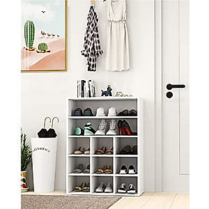 HAIOOU Shoe Cubby, 9-Cube Stackable Wood Shoe Rack Organizer 5-Tier Freestanding Wooden Shoe Stand with 2 Storage Shelf for 10-15 Pairs, Ideal for Apartment, Entryway, Closet Organization - White