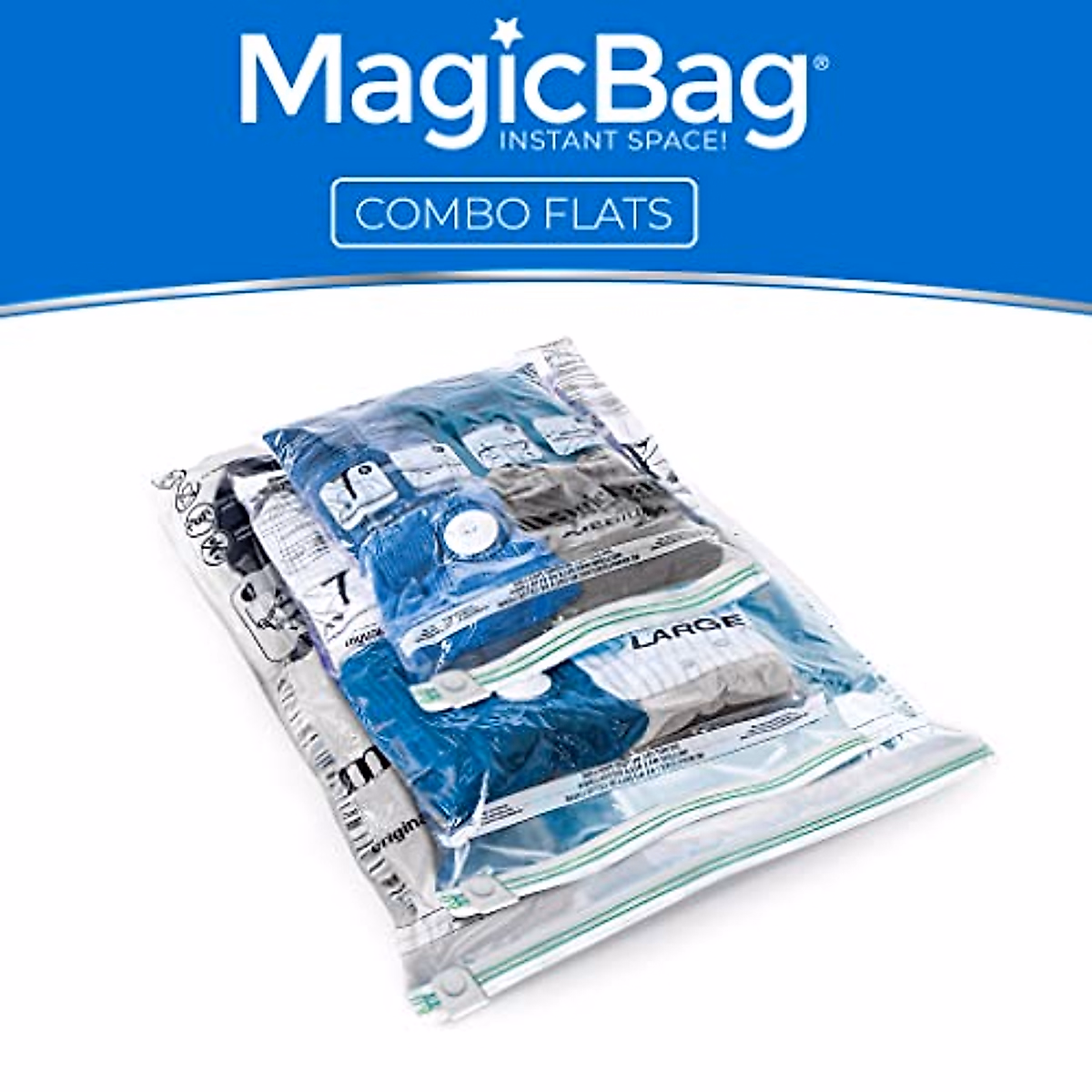 MagicBag 8-Pack Variety Combo Flat Vacuum Compression Bags - Instant Space Saver Storage - Airtight Double Zipper - Clothing, Pillows - Home Organization