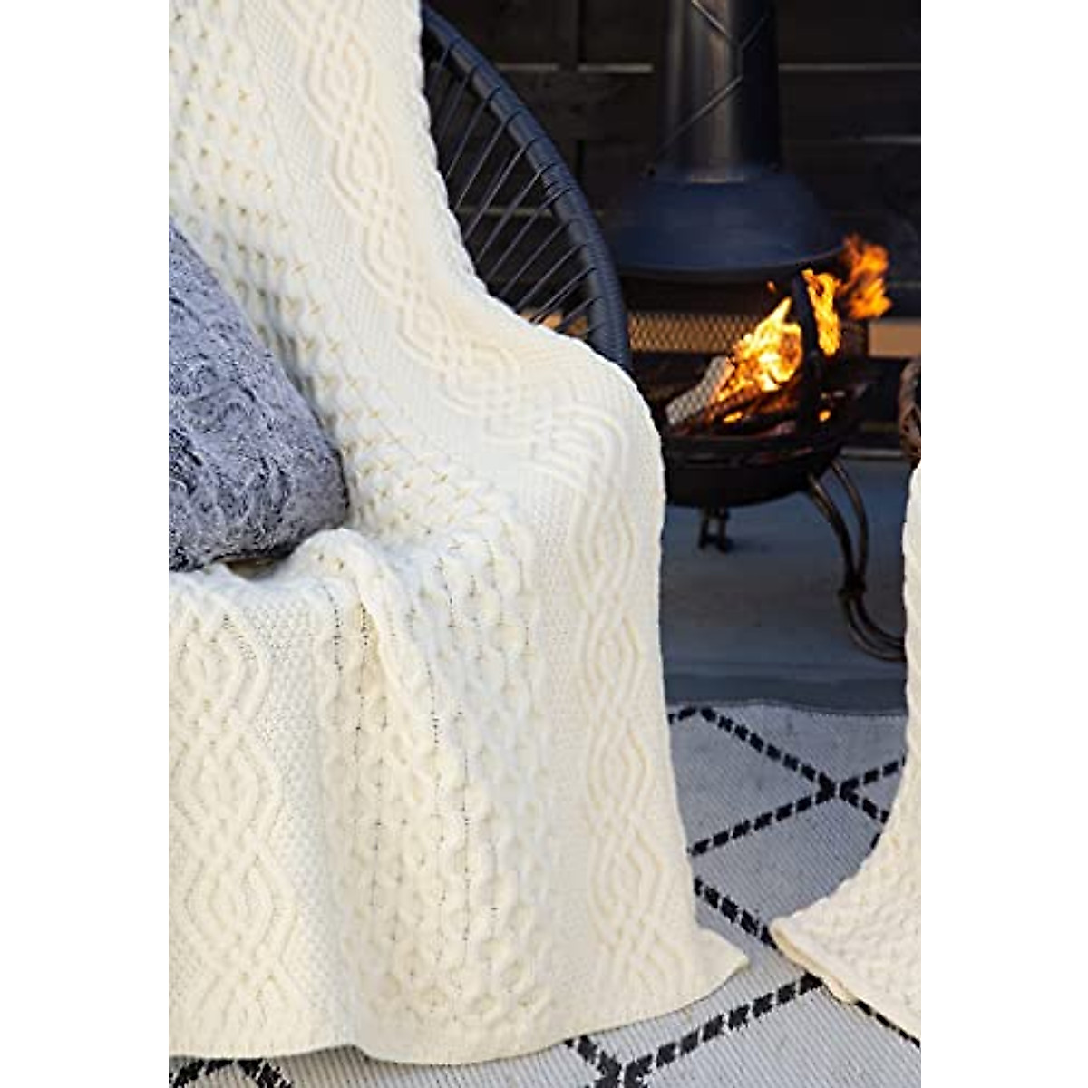 SAOL Honeycomb and Cable Knit Patterns 100% Irish Merino Wool Aran Throw/Blanket 60 x 40 inches (Natural)