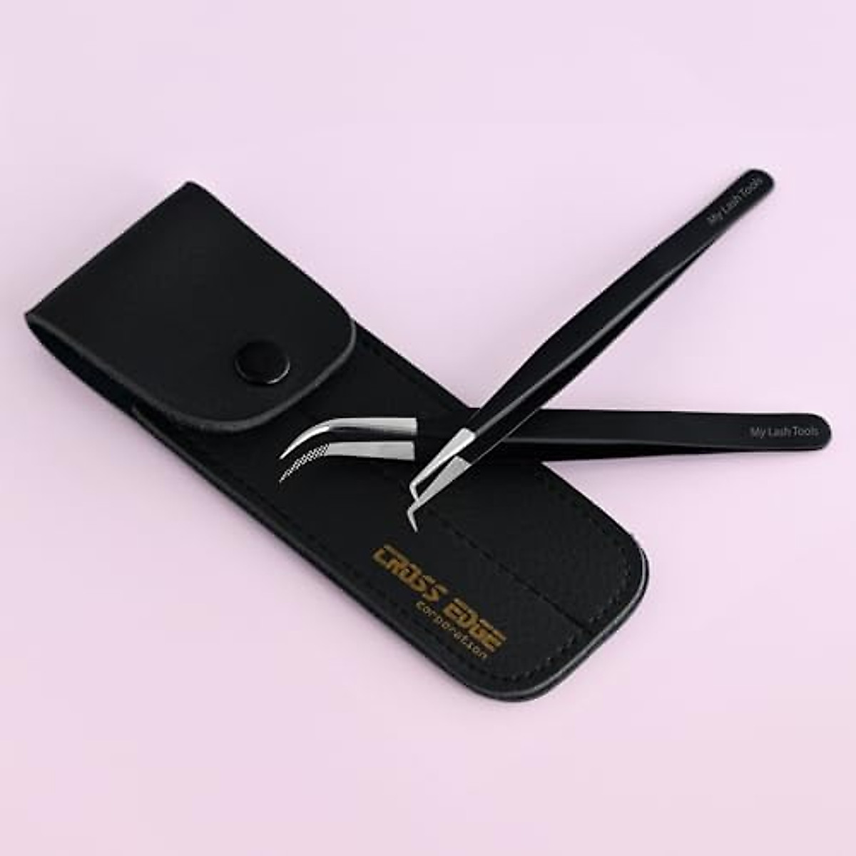 Cross Edge Corporation My Lash Tools Fiber Tip Eyelash Tweezers for Extensions Pro Volume, Isolation & Classic False Lashes Stainless Steel Straight and Curved Set (2 Pieces, 5) (CEC-TWEEZERSSETSBLK)
