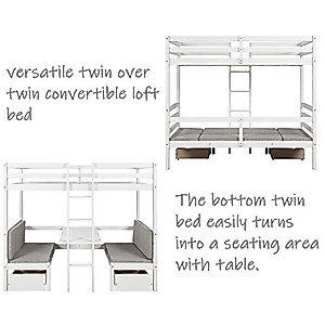 Rhomtree Wood Twin Size Bunk Bed with Desk Underneath and Chair Loft Bed Multifunctional Bed for Boys & Girls Teens Kids Bedroom Dorm