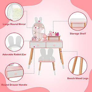 FIREFLOWERY Kids Vanity, Kids Vanity Table and Chair Set with Mirror & Storage Shelf, Princess Dressing Table, Toddler Makeup Vanity, Girls Vanity with 2 Large Drawers (White)
