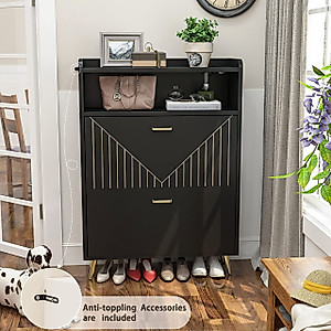 Aheaplus Shoe Cabinet with Flip Doors, Shoes Storage Organizer with Motion Sensor Led Light, Entryway Wood Freestanding Tipping Bucket Shoe Rack with Open Shelves for Closet, Living Room, Black