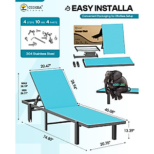 Aluminum Chaise Lounge Chair Outdoor with Wheels, Patio Lounge Chair with Adjustable 5-Position Recliner and Full Flat Tanning Chair for Patio, Beach, Pool, Lake Blue