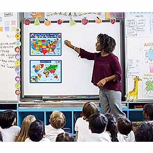 World Map Poster and USA Map with Extra Features - Laminated Educational Poster (14x19.5 in) – Maps for Kids, Classroom Decorations, Preschool and Elementary Learning, Teacher Supplies