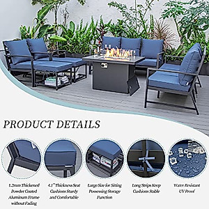 NICESOUL Outdoor Aluminum Furniture with Firepit Patio Conversation Sets with 43" Propane Fire Pit Table Luxury Sectional Sofa Set with Blue Cushions for Yard Pool Garden