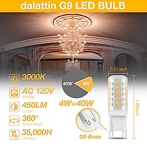 dalattin G9 LED Bulb 12 Pack 4W Equivalent 40 Watt,3000K Soft Warm White,Replacement T4 G9 Halogen Bulbs,450LM, Non-Dimmable, Energy Saving Lights for Chandelier Type G9 T4 Bi-pin Base