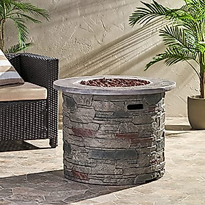 Christopher Knight Home Hoonah Circular MGO Fire Pit with Grey Top - 40,000 BTU, 32", Natural Stone / Grey Top