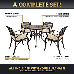 Kinger Home Harmon 5-Piece Cast Aluminum Outdoor Dining Set for 4 with Cushions - Elegant Round Patio Table and Chairs with Umbrella Hole, Bronze